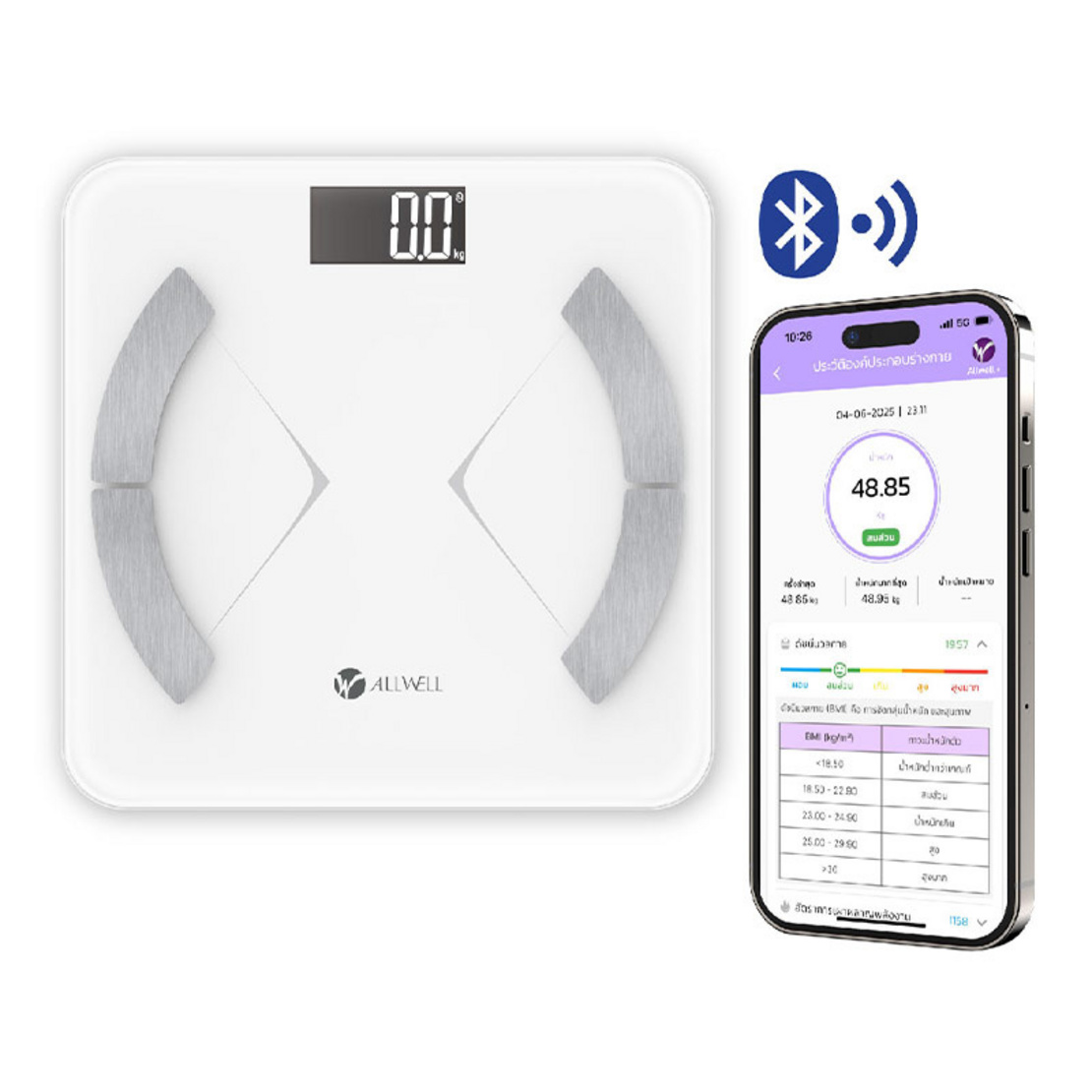 ALLWELL เครื่องชั่งน้ำหนักวัดไขมันและดัชนีมวลกาย เชื่อมแอพได้ รุ่น ...